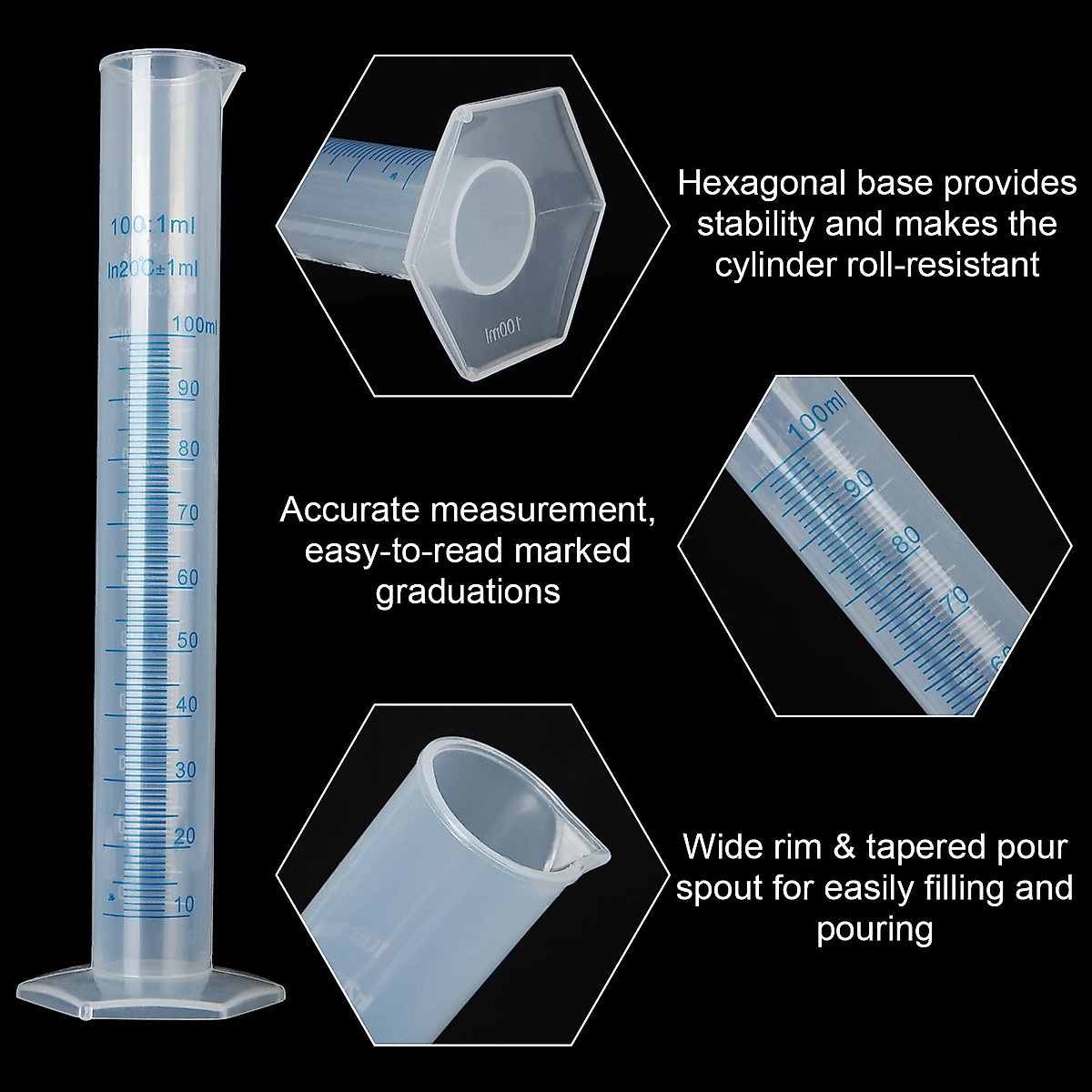 10Pack 100ml Plastic Graduated Cylinder, Transparent Measuring Cylinder Lab Test Tube Flask, 2 Sided Measuring Lines Graduated Cylinder Beaker for Science Lab Project, Pour Spout & Hexagonal Base