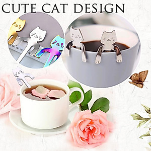 Cat Spoon Coffee Teaspoon, PBIEHSR Stainless Steel Hanging Cup Tea Spoon Two Different Lengths Dessert Scoop for Stirring Drink Mixing Milkshake Jam, Set of 6 (Multicolor-S)