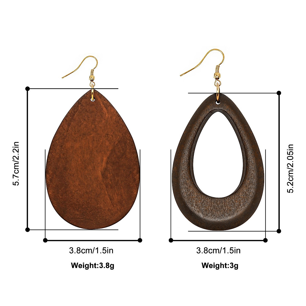 Wowanoo 2pcs Wood Earrings Natural Wooden Teardrop Earrings Geometric Lightweight Drop Earrings for Women DroBrown