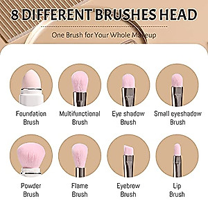 JPNK Portable Makeup Brushes For Travel Makeup - 8 in 1 Travel Loose Powder Brush, Angled Brush,Foundation Blending Lip Brush Retractable Makeup Brushes Sets (White)