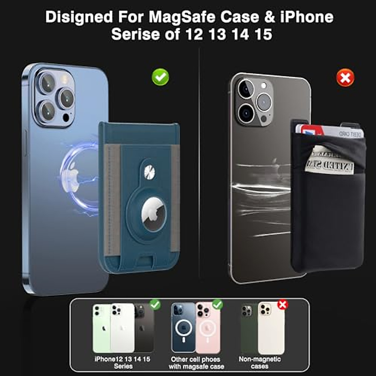 KPNEOL Magsafe Wallet with Airtag Holder, Magnetic Bifold for Men, Fits 7 Cards, Mag Wallet for iPhone 15/14/13/12 Series, Blue