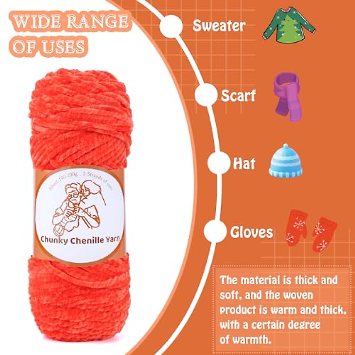 TLKKUE Chunky Chenille Yarn(7OZ/200G), 3 Strands of Yarn Soft Chenille Velvet Yarn for Crocheting Knitting Thick Blanket Yarn for Shoe Hat Clothing Cushion (Red Orange)