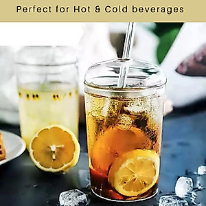 2 Pcs set Glass Cups with Lids and Straws 16oz - Coffee Ice Tea Water Boba Tea Smoothie Cocktail Reusable Clear Glass Drinking Cup with Dome Lid and Glass Straw - Hot & Cold Dishwasher safe
