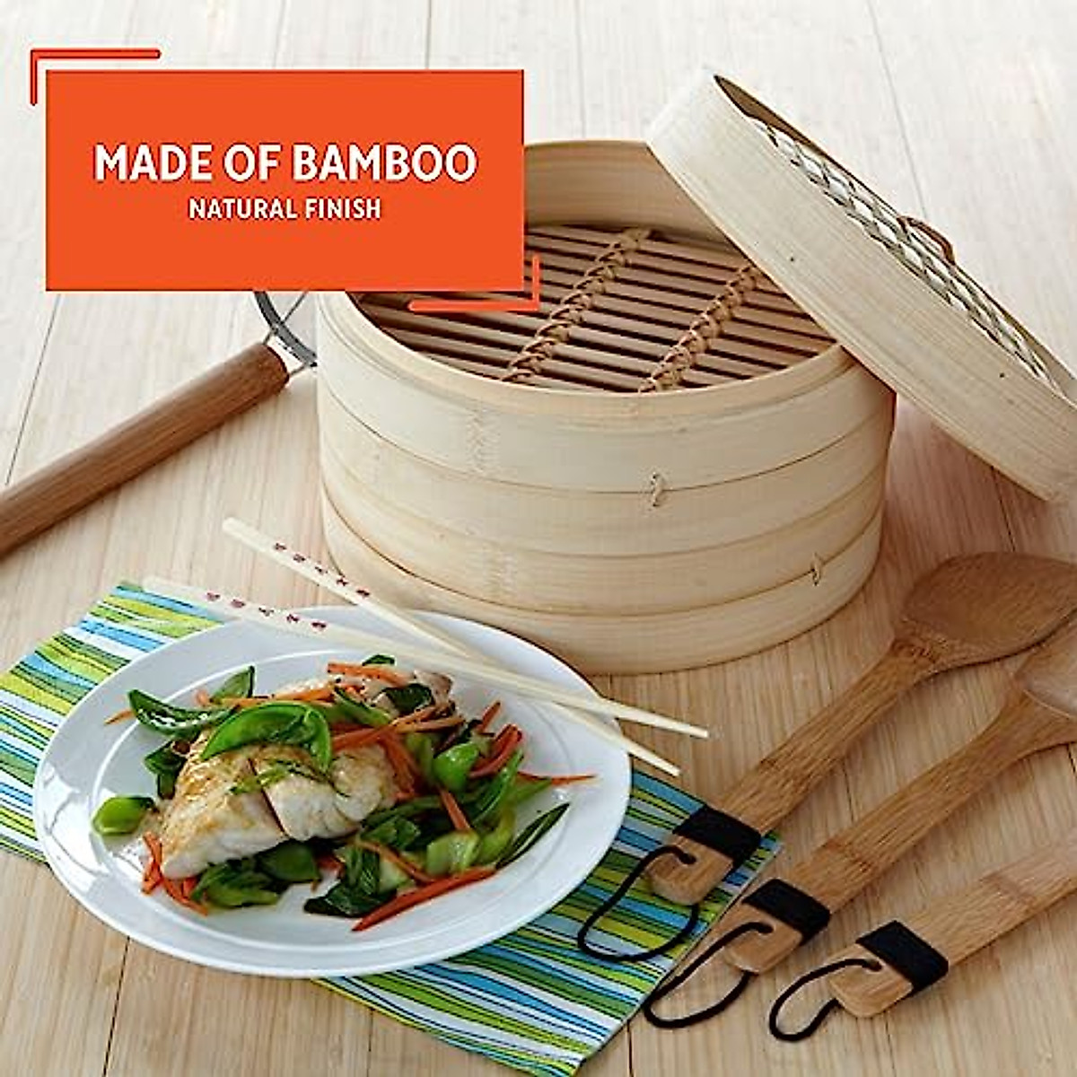Imusa USA PAN-10015T 10" 2 Layer Traditional Asian Bamboo Steamer, 1 Piece, Tan