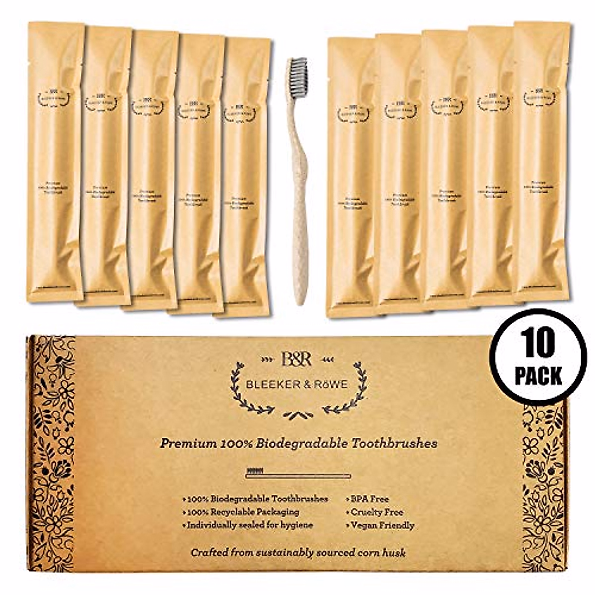 Bleeker and Rowe Biodegradable Eco-Friendly Toothbrushes - Individually Sealed - BPA Free Soft Bristles - Sustainable - Recycled Packaging (Pack of 10)