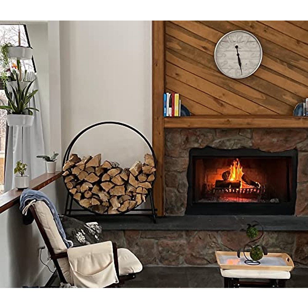 Goplus 41 Inch Firewood Log Hoop, Tubular Steel Log Holder, Heavy Duty Wood Storage Rack for Outdoor & Indoor, Fireplace Pit