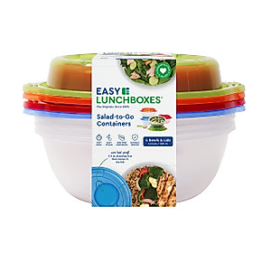 EasyLunchboxes® - Salad To-Go Containers - Reusable Bowl with Built-In, Leak-Proof Dressing Cup for Salad, Pasta, Cereal, Rice & More - Great for Work, Travel, & Meal Prep, Set of 4 (Classic)
