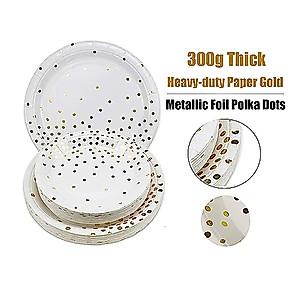 Guang Mao White and Gold Party Supplies-180 PCS Serves 30 Dinnerware Gold Dot Paper Plate, Napkins, Gold Plastic Forks Knives Spoons for Graduation, Birthday, Cocktail Party