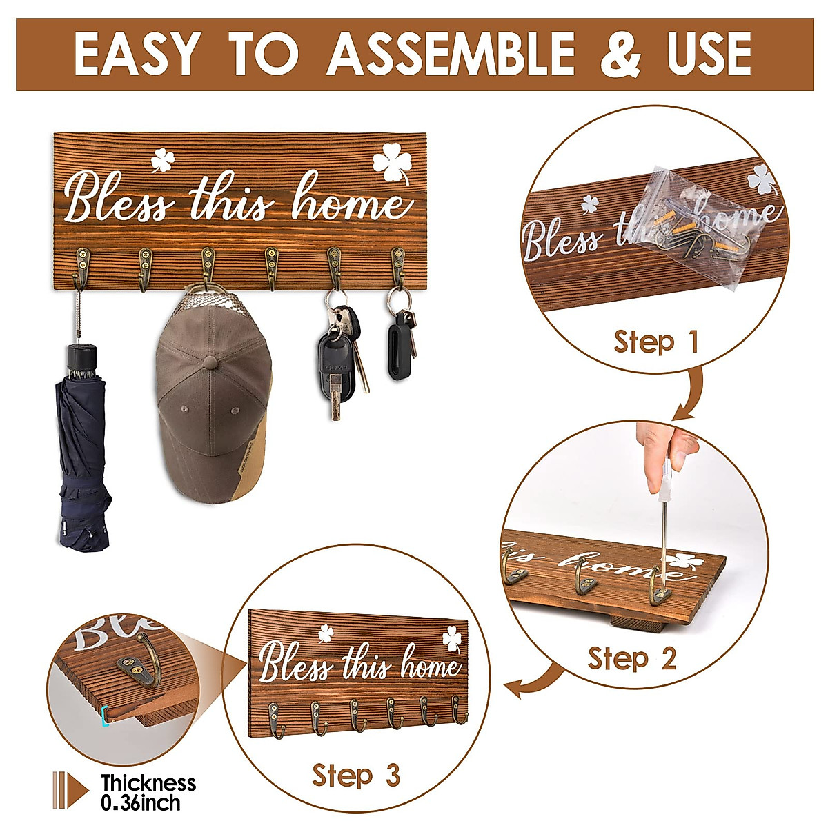 AHYS Key Holder Wall Mount Rustic Bless This Home Wall Decor Key Holder for Wall Key Hanger Key Rack with 6 Key Hooks Wall Key Holder for Entryway Living Room Bedroom - Brown