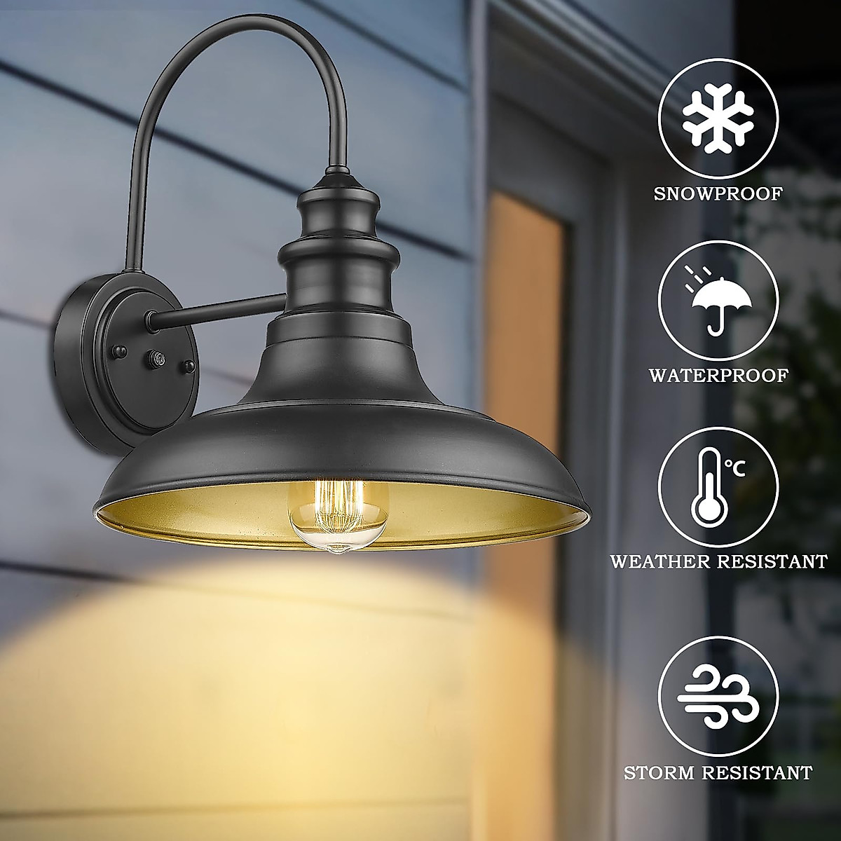 Dusk to Dawn Sensor Outdoor Barn Light Fixture, 12.3 Inch Dome Outdoor Wall Sconce Farmhouse Wall Mount Lights Exterior Gooseneck Light Fixture Black Finish Industrial Wall Lantern for Porch, 2Pack
