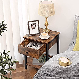 LUSIMO Nightstand with Drawer Bedside Table for Bedroom Small Farmhouse Bed Side Table, 2 Tier Wooden end Table for Small Spaces, Rustic Bedroom Table Living Room with Stable Metal Frame, Brown