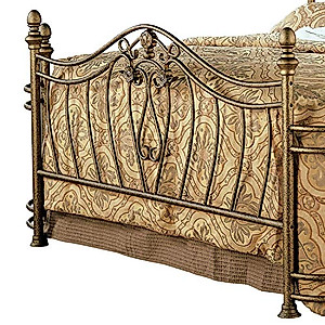 Benjara Metal Queen Headboard and Footboard with Swirling Floral Motifs, Antique Gold