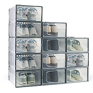 Shoe Boxes Clear Plastic Stackable, 12 Pack Foldable shoes Organizer Storage Container for Closet Space Saving (Medium, B-Clear)