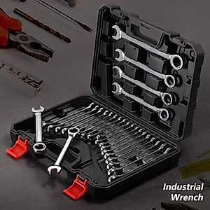 RIMKOLO 24-Piece Ratchet Wrenches Chrome Vanadium Steel Ratcheting Wrench Set with Metric and SAE 72-Tooth Box End and Open End Standard Wrench Set with Organizer Box