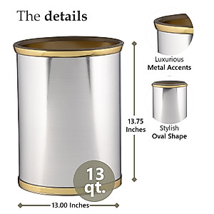 Kraftware Mylar Brushed Chrome/Brass 13-Inch Oval Waste Basket with 3/4-Inch Brushed Brass and Gold Bumper