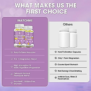Magnesium Glycinate Gummies with Magnesium Malate, Taurate, Citrate, Magnesium Potassium Complex Supplement with CoQ10, Calcium, Supports for Memory, Bone, Calm, Sleep, 60 Pineapple Gummies
