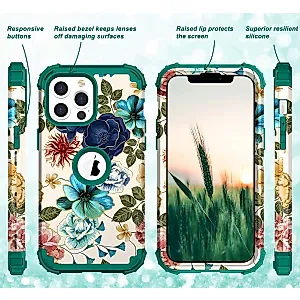 Hocase for iPhone 13 Pro Max Case, Heavy Duty Shockproof Protection Soft Silicone Rubber Bumper+Hard Plastic Hybrid Protective Case for iPhone 13 Pro Max (6.7") 2021 - Teal Flowers