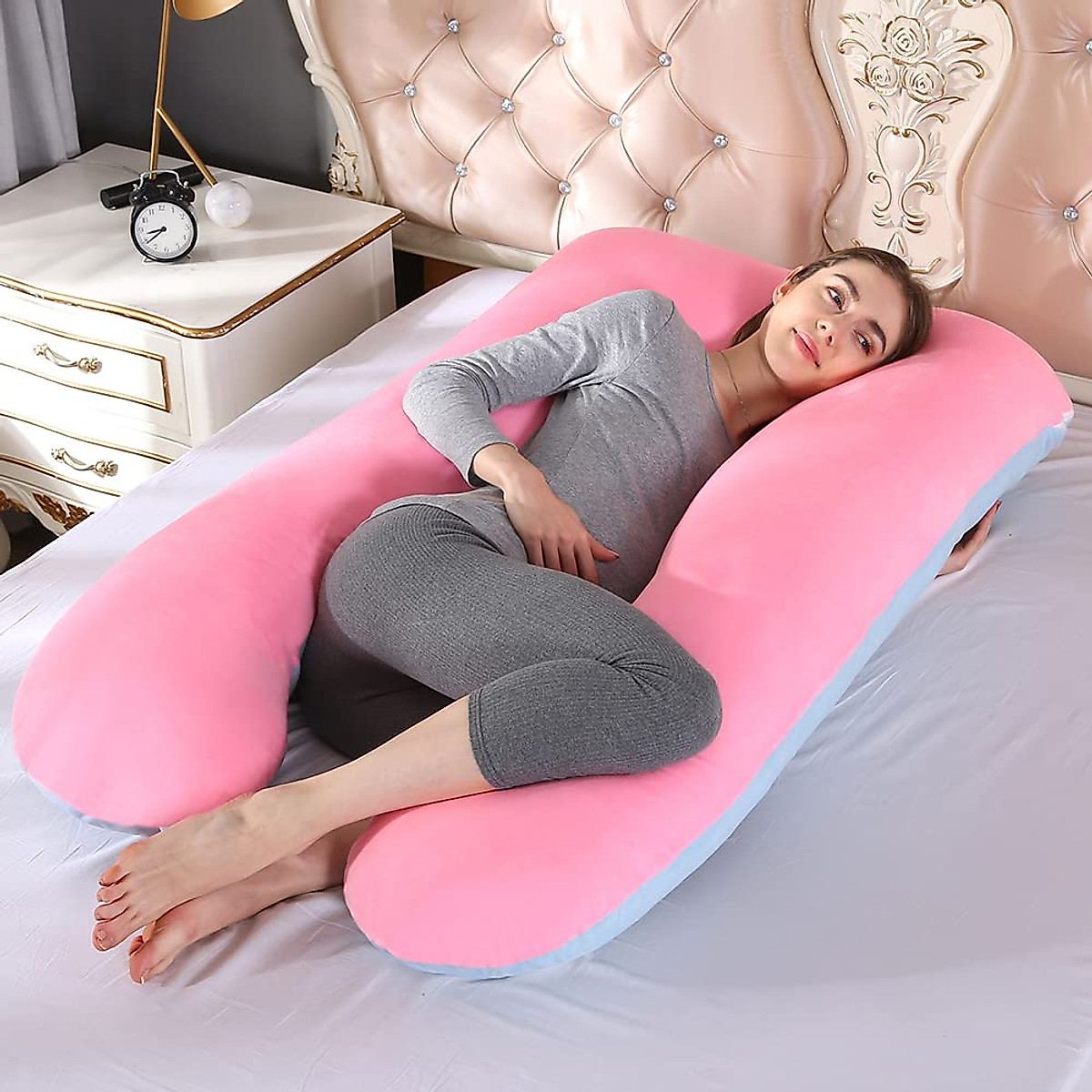 MINGPINHUIUS Pregnancy Pillow U Shaped Full Body Maternity Pillow for Sleeping, 57 Inch Pregnant Women Pillow with Removable Velvet Cover (Pink/Blue)