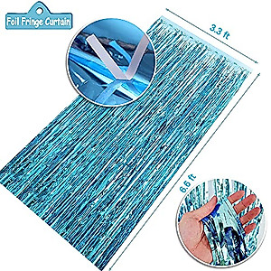 Light Blue Birthday Decorations, Blue Birthday Party Decorations with Tissue Pom Pom flowers, Happy Birthday Banner, Confetti Balloons, Foil Fringe Curtain, Happy Birthday Party Supplies for Men Women Boys Girls - Light Blue and White