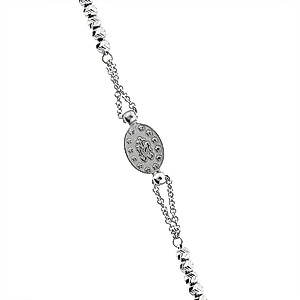 Sterling Silver Miraculous Medal Bracelet Virgin Mary Diamond Cut Beads Rhodium finish Italy
