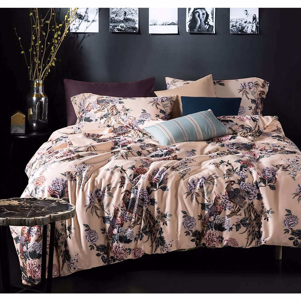 Eikei Home Chinoiserie Chic Peacock Floral Duvet Cover Paradise Garden Botanical Bird and Tree Branches Vintage Stylized Long Staple Cotton Bedding Set (Pastel, Queen)