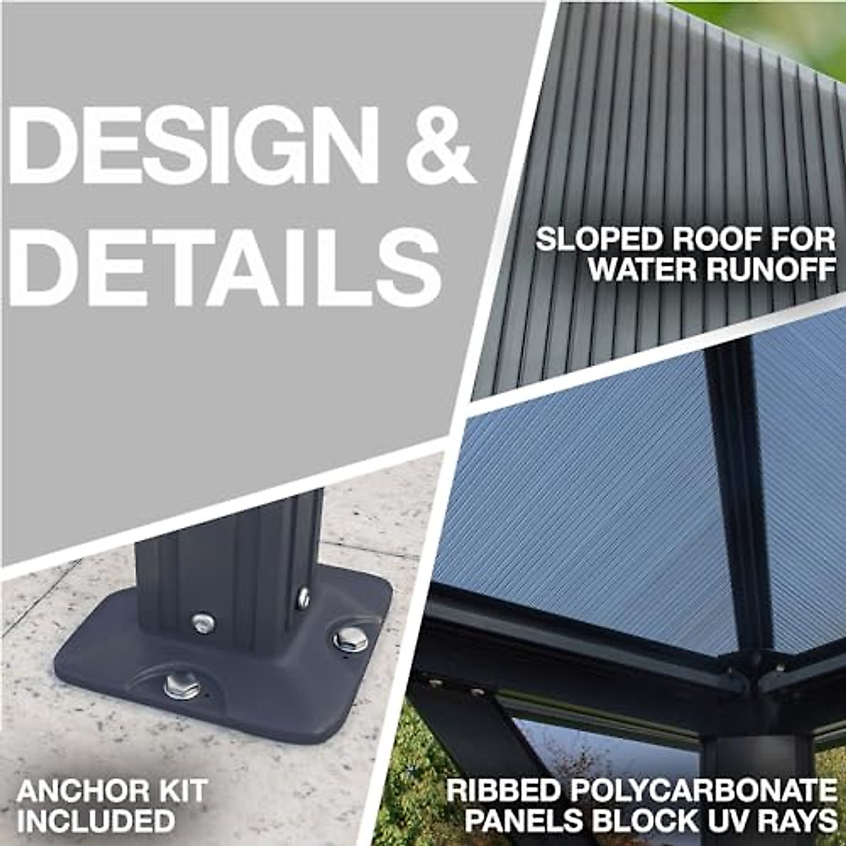 Hanover 10-Ft. x 10-Ft. Aluminum Hardtop Gazebo with Sloped Polycarbonate Roof, All-Weather and Rust-Resistant Patio Canopy in Dark Gray, UV-Resistant Outdoor Canopies