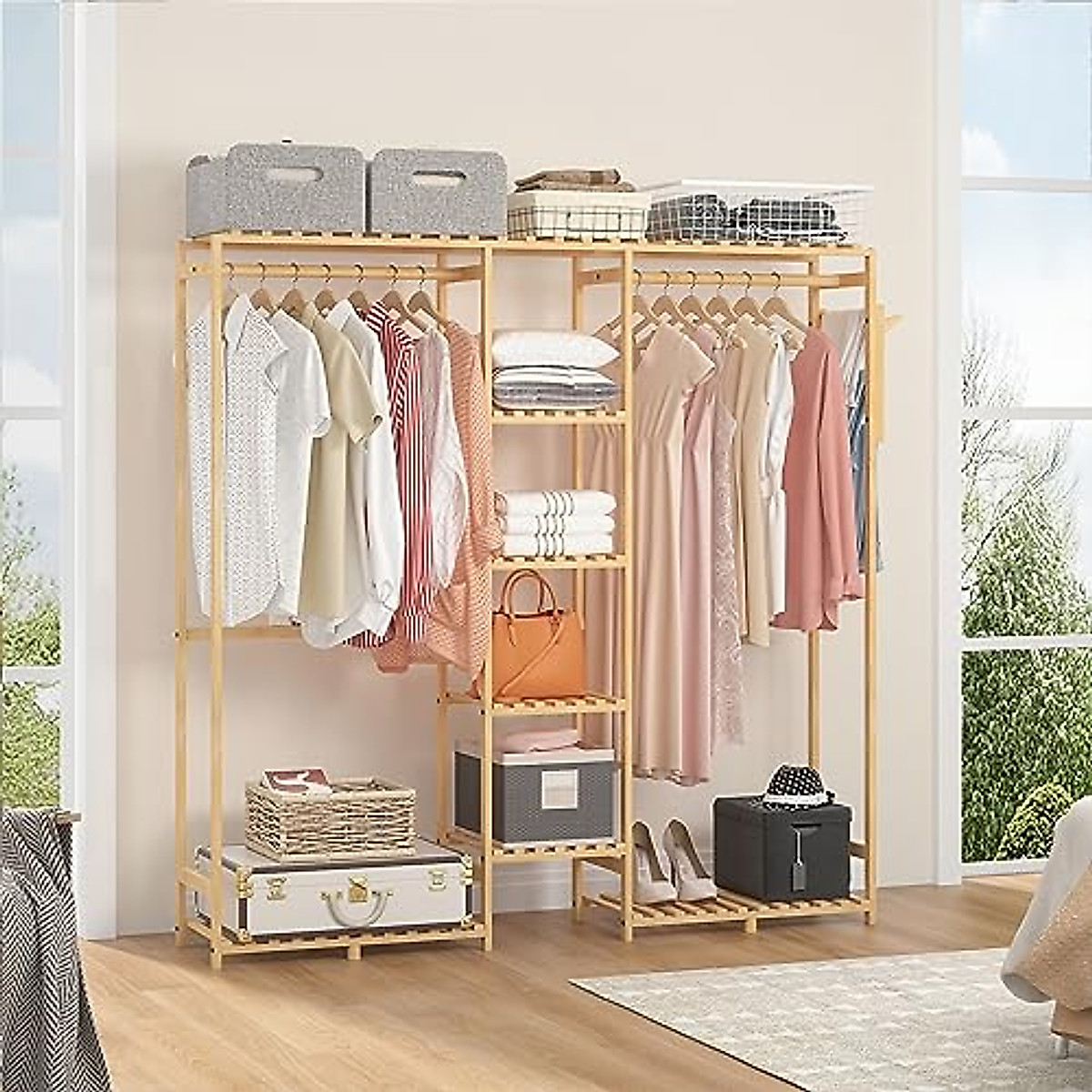 UDEAR Garment Rack Bamboo Clothes Rack for Hanging Clothes,Clothing Racks Storage Organizer with 2 Rods,5 Shelves and 2 Hooks,Multi-Functional Wardrobe Closet