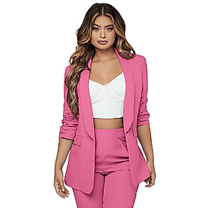 SweatyRocks Women's 2 Piece Solid Ruched Sleeve Blazer and Pants Business Office Suit Set Hot Pink S