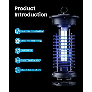 Gaiatop Bug Zapper Outdoor, 4000V 18W Mosquito Zapper Outdoor with 5ft Power Cord, Waterproof Electric Insect/Fly Trap Zapper Killer for Home Backyard Garden Patio - Black