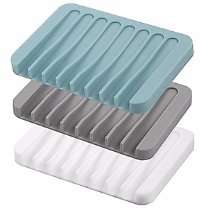 Self Draining Soap Dishes, 3 Pcs Silicone Soap Saver, Waterfall Drainer Soap Holder for Bathroom, Extend Soap Life, Keep Soap Bars Dry Clean & Easy Cleaning ( White, Gray, Teal )
