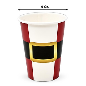 50 Disposable Christmas Santa Belt Cups 9 Oz. Xmas Red & Black Santa's Belts Design Drinking Paper Cup Winter Beverage Drink Dinnerware for Festive Holiday Tableware Party Supplies Decorations