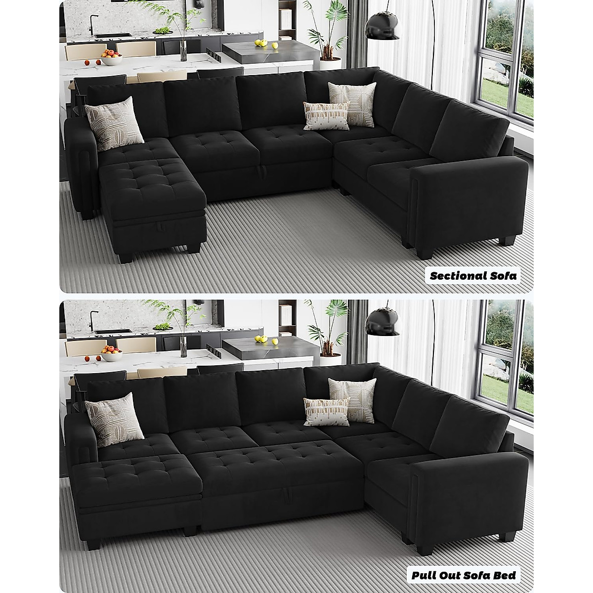 Belffin Modular Sectional Sleeper Sofa with Pull Out Bed U Shaped Sectional Sofa Couch with Storage Ottoman Velvet Covertible 7-Seater Sofa for Living Room Black