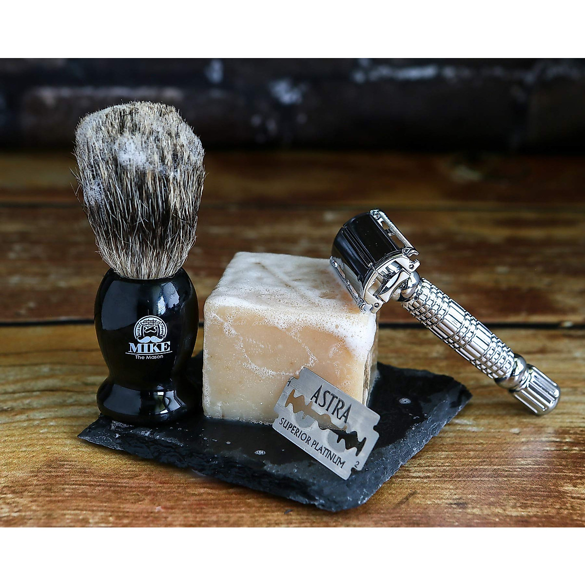 Complete Wet Shave Kit | Mike the Mason | Gift Set Includes: Hawk Safety Razor, Pure 100% Badger Hair Brush, Organic Honey Oatmeal Shave Bar, Nick Brick, 5 Premium Mens Blades, and a Razor Stand