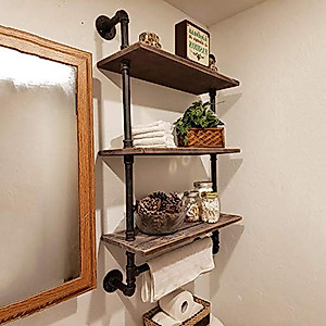 Ucared Vintage Industrial Pipe Bathroom Shelves Wall Mounted, 3-Tier 24" Rustic Wall Shelf with Bath Towel Bars,Farmhouse Towel Rack,Metal & Wooden Floating Shelves,Over The Toilet Storage Shelf
