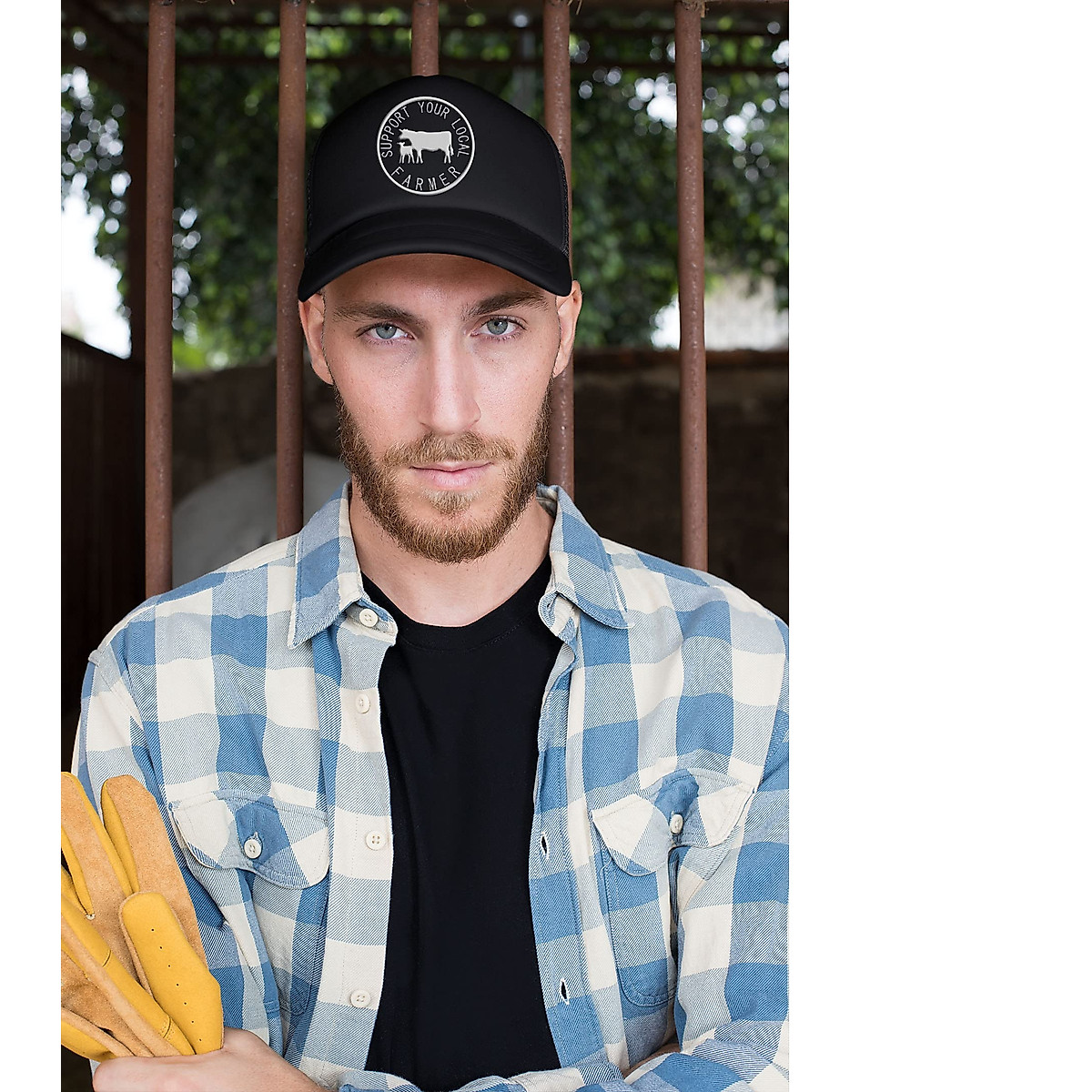 Trenz Shirt Company Support Your Local Farmers Cattle Rancher Farm to Table Mens Embroidered Mesh Back Trucker Hat, Black/Black