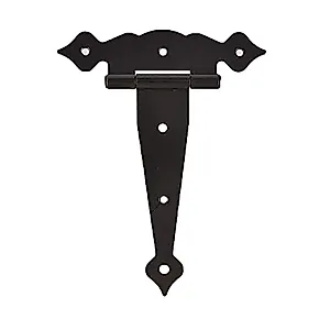 Garden Gate Hinges,Tee Shed Hinge, 2pcs Black T-Shaped Heavy Duty Door Hinges, Flower-Shaped Decorative Strap Hinges Barn Door Wooden Fence Gate Hinges with Screws