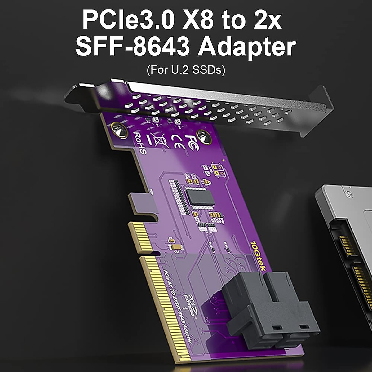 PCIe to SFF-8643 Adapter for U.2 SSD, X8, (2) SFF-8643. Support Windows 10/2016/2019, REHL/Cent0S 7/8, VMware ESXi 6/7, Ubuntu Linux 18/20/21, etc.