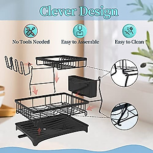 huspossesser Dish Drying Rack for Kitchen Counter, 2 Tier Dish Rack and Drainboard Set, Large Capacity Stainless Steel Dish Drainer, Dish Strainers with Utensil Holder and Cup Rack, Black
