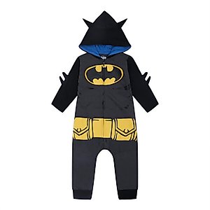 Warner Bros. DC Comics Superman and Batman Boys Long Sleeve Zip Up Hooded Romper for Newborn, Infant and Toddler