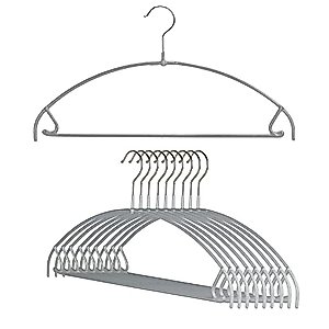Mawa by Reston Lloyd Euro Ultra Light/Thin Series, Non-Slip Space Saving Clothes Hanger with Bar & Hook for Pants and Skirts, Style 42/PTU, Set of 10, Silver
