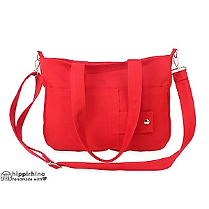 Women's Canvas Shoulder Bag Crossbody Detachable Strap Multi Pockets Messenger Bag Zipped Closure Purse Red