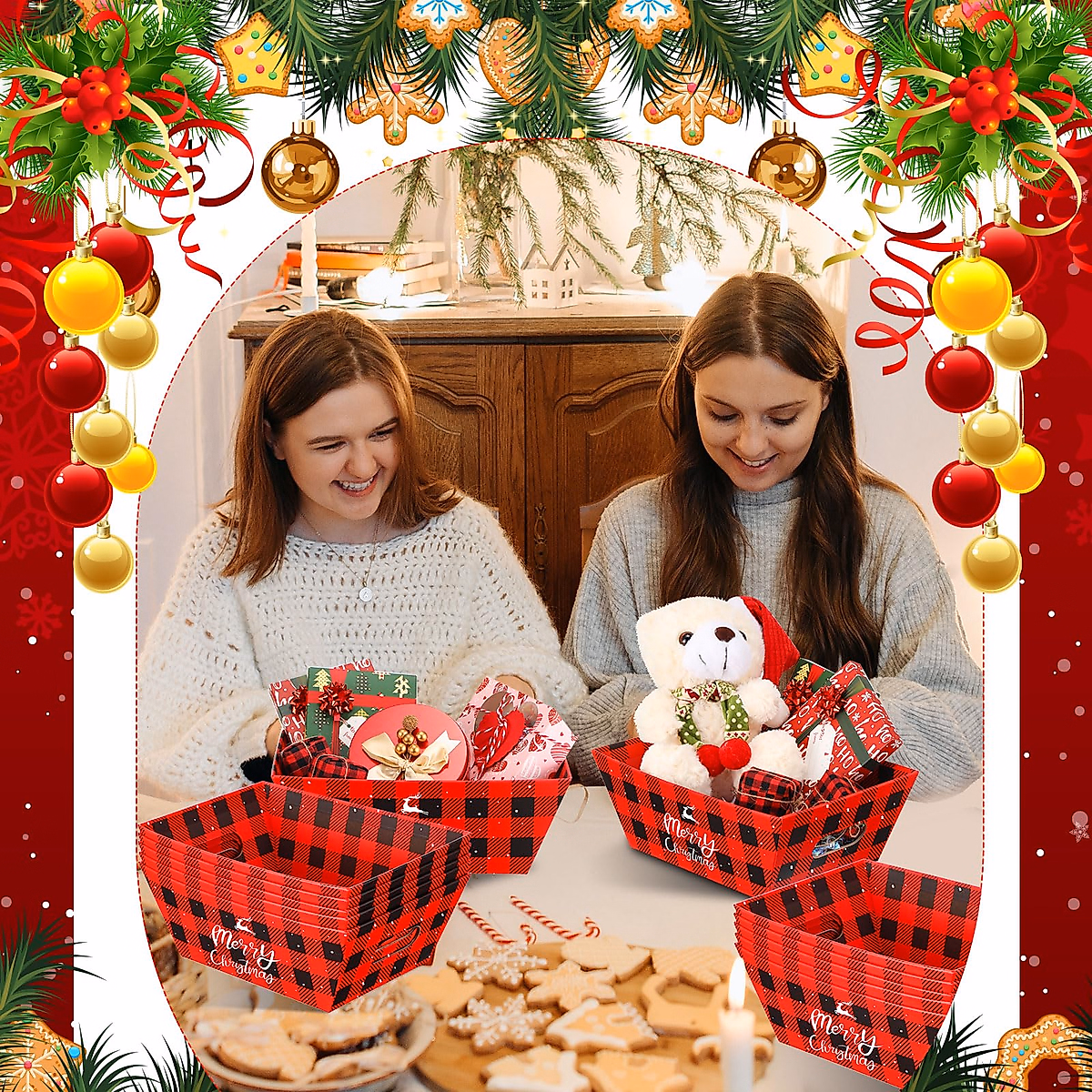 Tenceur 24 Pcs Christmas Baskets for Gifts 10 x 8 Inch Empty Basket with Handle Christmas Baskets for Gifts Wine Gift Basket Empty Red Sturdy DIY Bulk Gift Basket Kraft Market Tray Basket with Handles