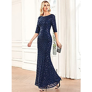 Ever-Pretty Women's Crewneck Half Sleeve Sequin Mermaid Maxi Glitter Evening Dresses Navy Blue US4