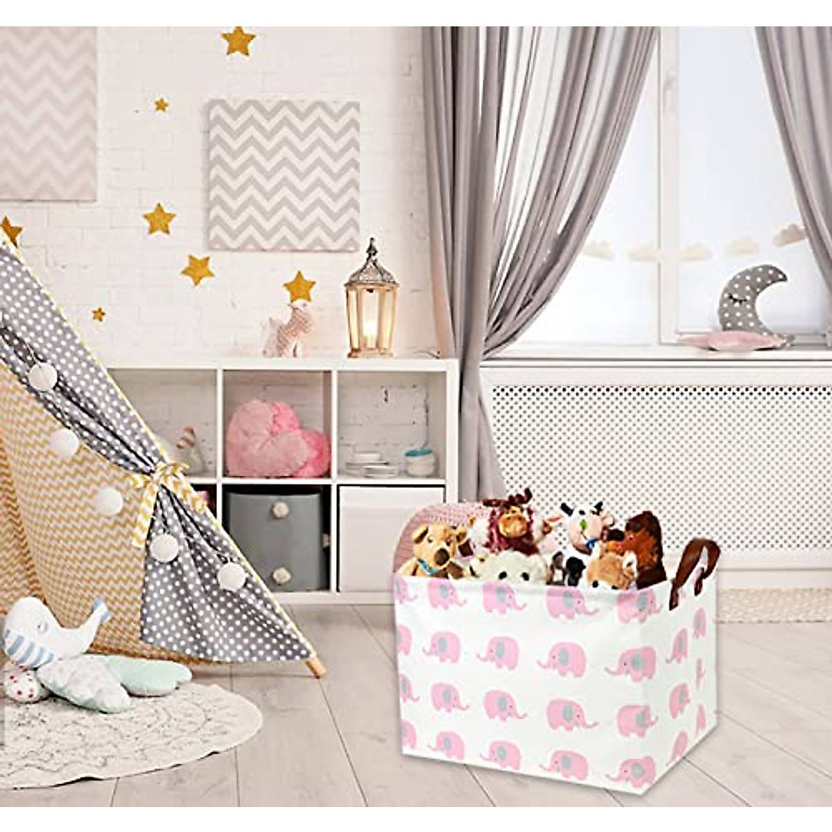 DDBASKET Elephant Baby Basket Pink Nursery Basket Girl Baby Storage Basket Rectangular Cute Kids Toy Storage Bin Organizer Book Shelf Basket Flamingo Room Decor(Pink Elephant)