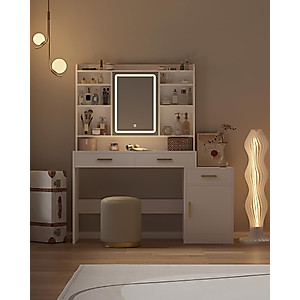 HILINSIE Large Vanity Desk with Light Mirror, Makeup Vanity Dressing Table with 3 Drawers, Adjustable Shelves, Storage Cabinet, Bedroom Vanity Table for Women‘s Day (White)