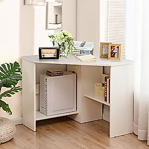 COSTWAY Corner Computer Desk, Space-Saving Triangular Writing Desk w/ 2 Storage Shelves & 2 Cable Holes, Multi-Functional Console Table for Small Space in Home Office, Living Room, Bedroom (White)