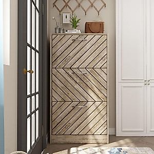 FAMAPY Modern Shoe Cabinet with 3 Flip Drawers, Freestanding Shoe Storage Cabinet, Slanted Design, Shoe Storage Organizer for Hallway Entryway Light Brown (22.4”W x 9.4”D x 42.3”H)