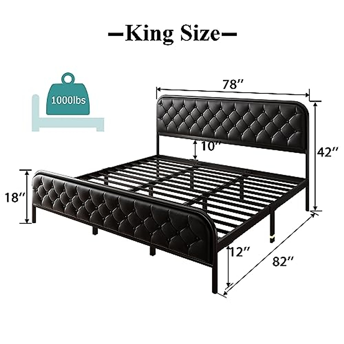iPormis King Size Metal Bed Frame with Faux Leather Button Tufted Headboard and Footboard, Heavy Duty Platform Bed with 17 Steel Slats,12" Under-Bed Space, No Box Spring Needed, Noise-Free, Black