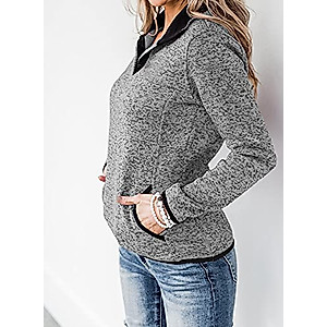 Diukia Sweatshirts Pullover Tops Womens 2022 Fall Cute Lightweight 1/4 Quarter Button V Neck Color Block Stand Collar Long Sleeve Pocket Pullover Sweatshirt for Ladies Teen Girls Juniors Gray L 12-14