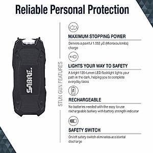 SABRE Stun Gun with Flashlight and Battery Strength Indicator, 1.552 Microcoulombs (µC) Charge, 120 Lumen Flashlight, Increased Reliability, Safety Switch, Rechargeable, Compact Design, Black